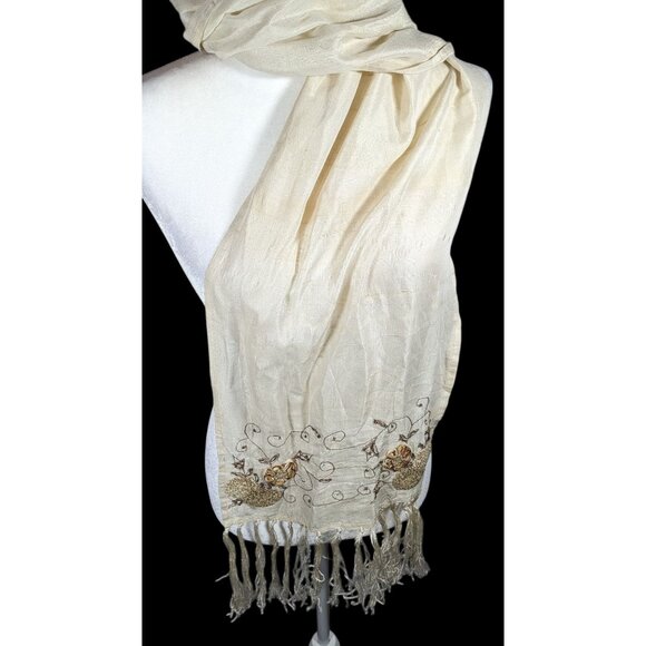 Accessories | Vintage Cottagecore Hand Embroidered Beige Floral Scarf ...